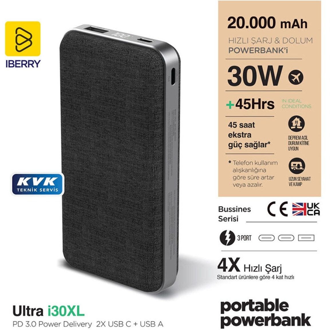 İBERRY IBERRY i30XL 20000mAh PD 3.0 30W Hızlı Powerbank Taşınabilir ...