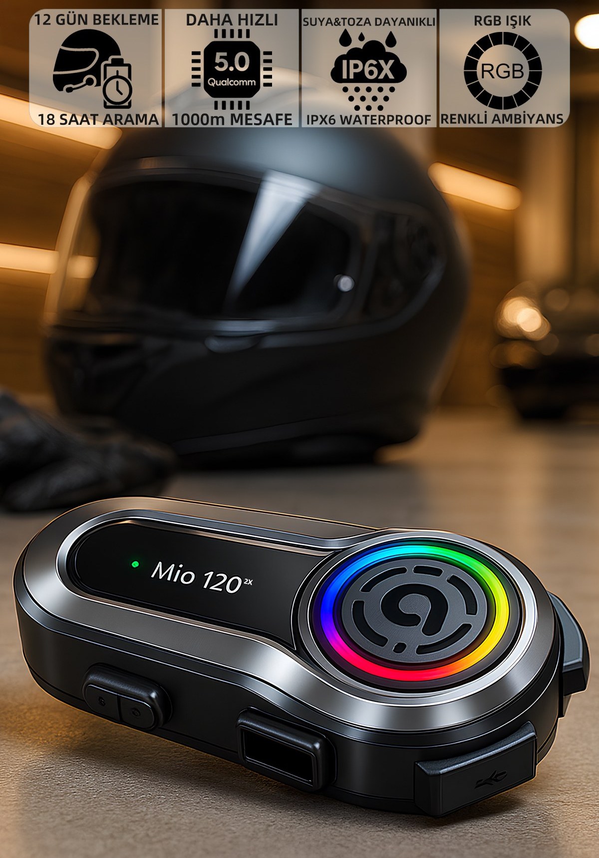 Mioji Mio 120 2x Rgb 1000MAH Ipx6 1500M 2 Kişilik Kask Intercom ...
