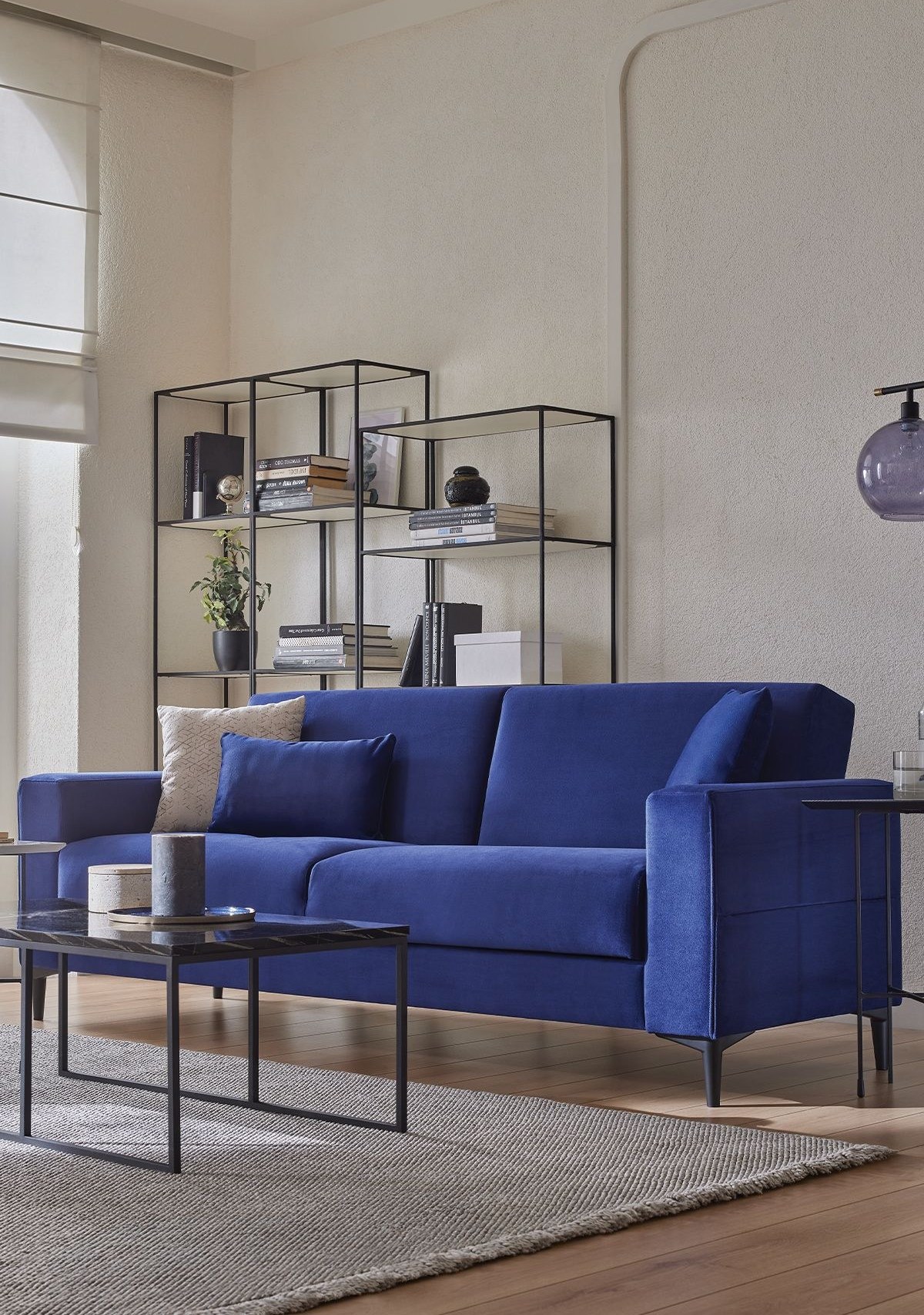 Enza Home Briza Plus Kadife Dokulu, 3'lü Yataklı Koltuk - Koyu Mavi ...