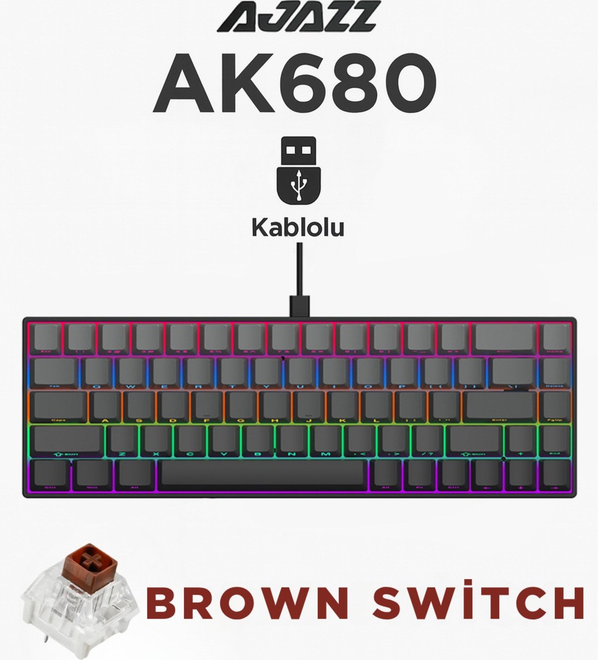 Coverzone Ajazz AK680 Rainbow 68 Tuş %65 Kompakt Kablolu Mekanik Klavye ...