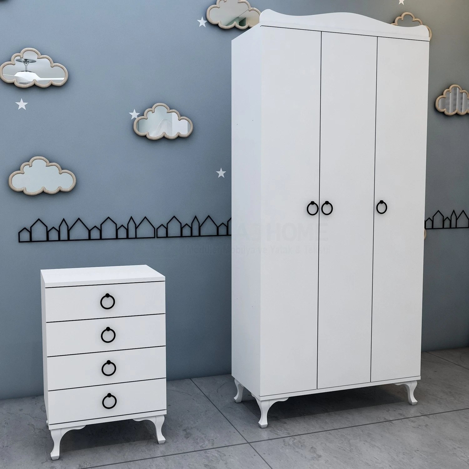 Garaj Home Yıldız 3 Kapaklı Dolap ve Komodin- Beyaz- Fiyatı ve ...