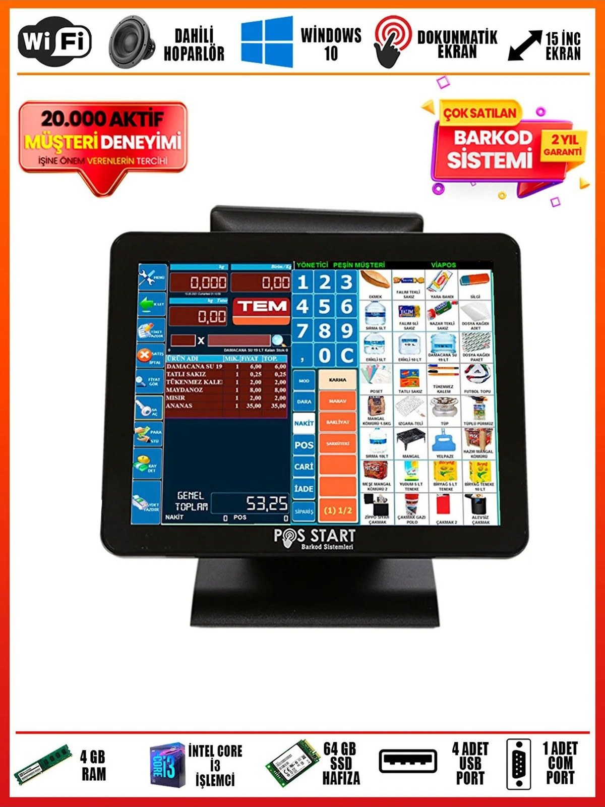 POS START I3 Işlemci 4gb Ram 64 Gb Hafıza Dokunmatik Pos Bilgisayar ...