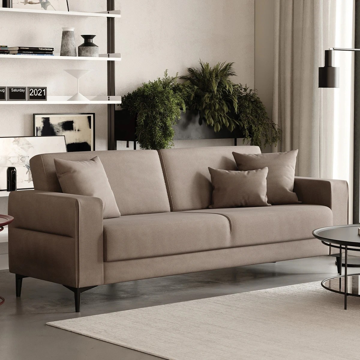 Enza Home Briza Plus Kadife Dokulu, 3'lü Yataklı Koltuk - Vizon Fiyatı ...