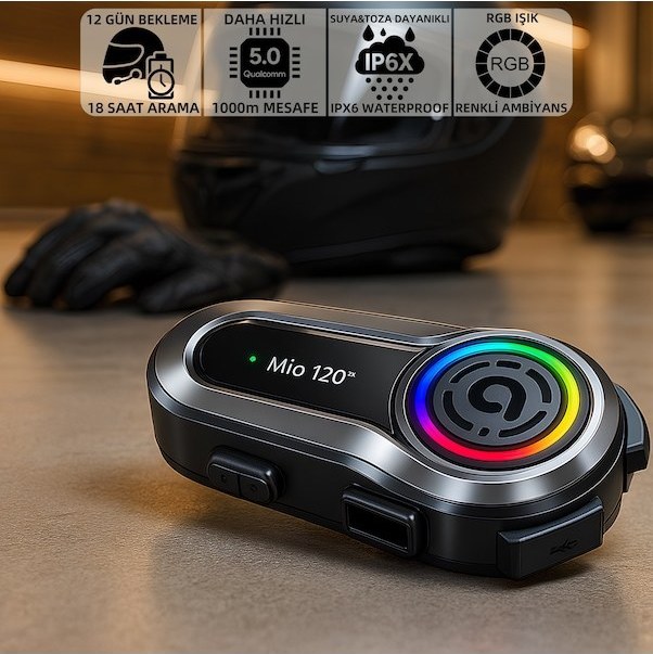 Mioji Mio 120 2x RGB 1000 MAh IPX6 Kask Intercom Motosiklet Bluetooth ...