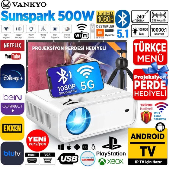 Sunspark 500W Android TV 1080P Destekli Projeksiyon Cihazı 5G Wi-Fi 5.1 ...