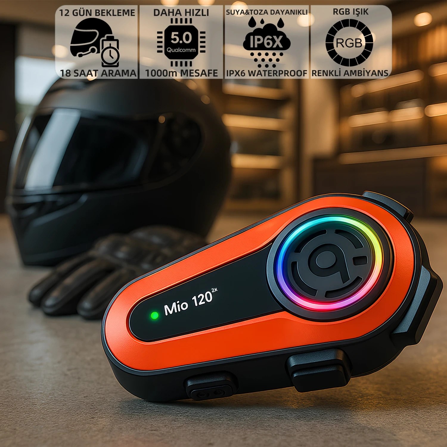 Mioji Mio 120 2x RGB 1000mAh IPX6 1500m 2 Kişilik Kask Intercom ...