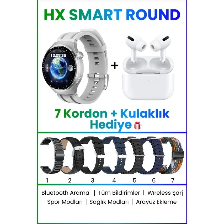 Hx Smart Round Akıllı Saat 7 Kordon ve Bluetooth Kulaklık Hediyeli ...